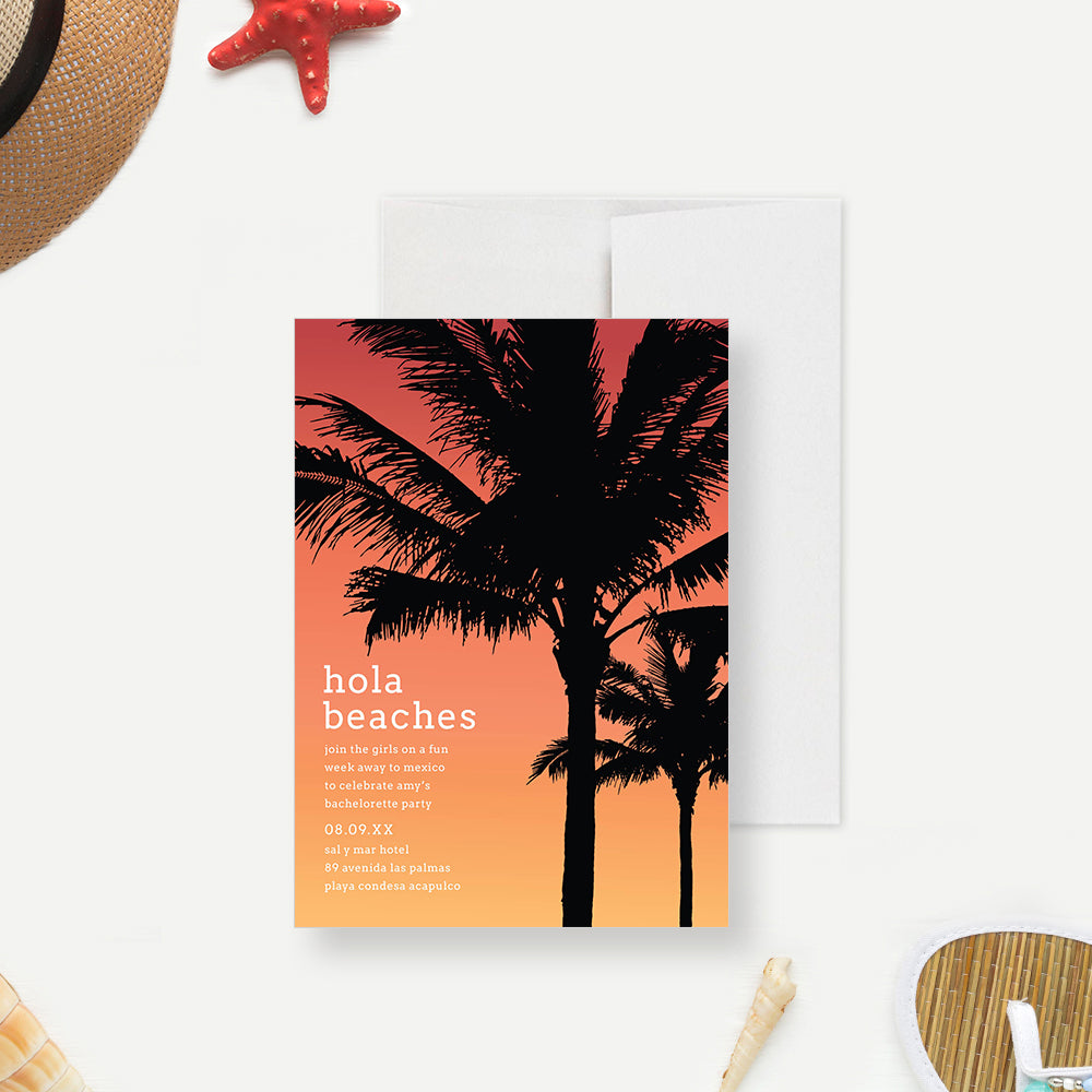 Hola Beaches Bachelorette Invitation with Tropical Sunset