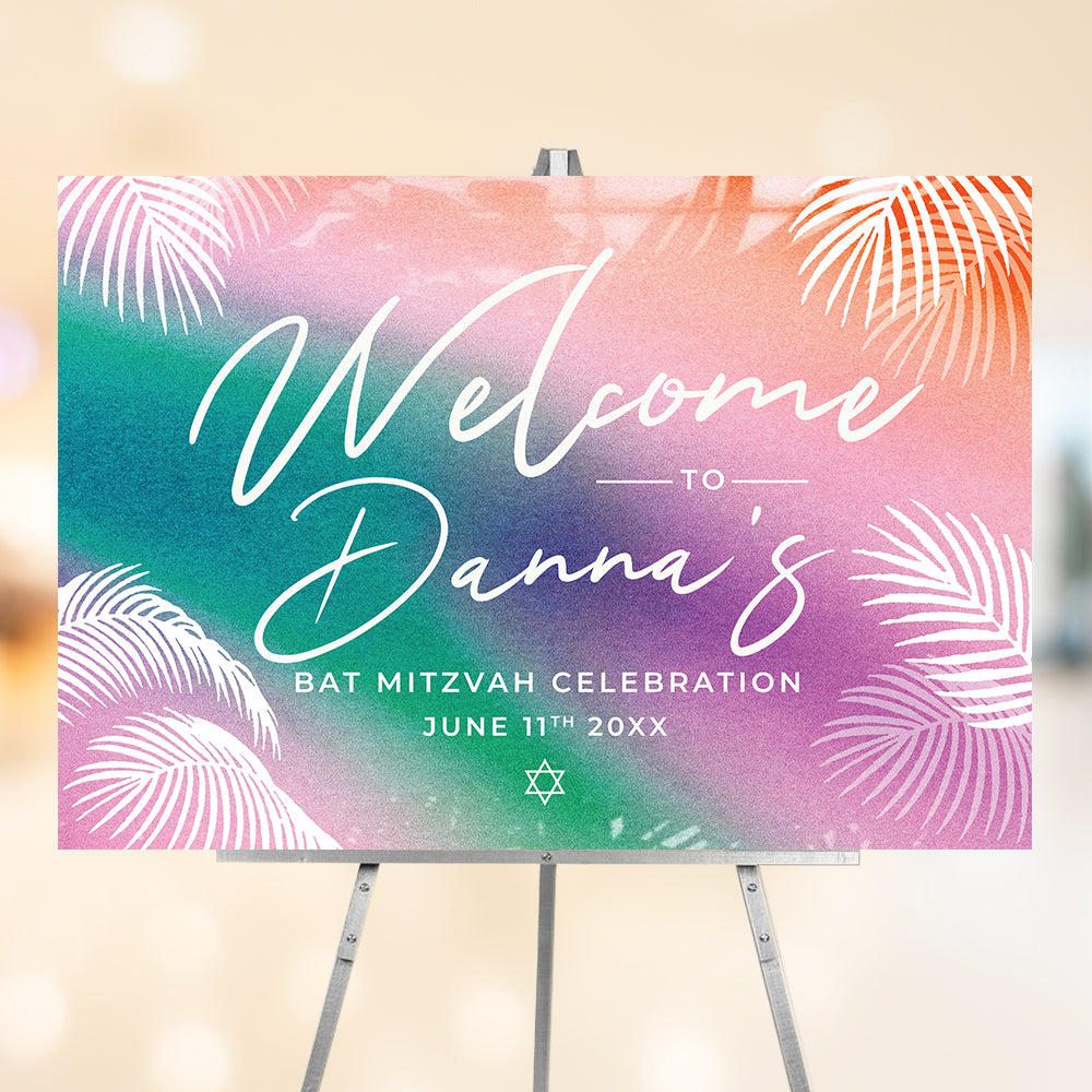 Tropical Bat Mitzvah Welcome Sign Colorful Jewish Party Decoration