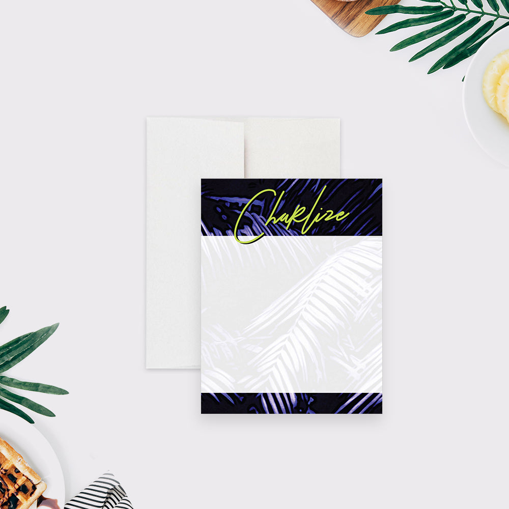 Tropical Summer Note Card with Purple Palm Leaves, Barbecue Thank You