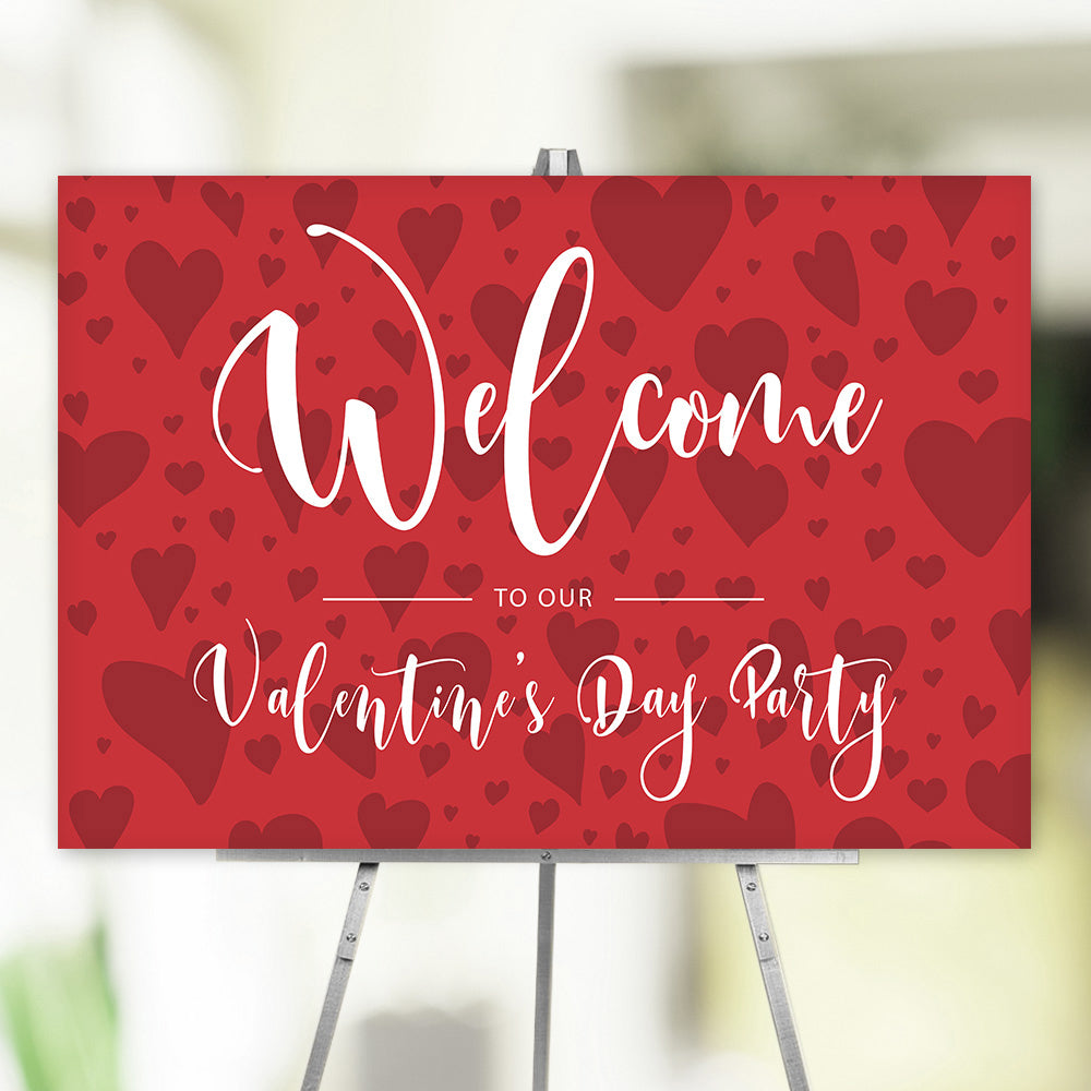 Valentines Day Party Welcome Sign Romantic Red Hearts Design