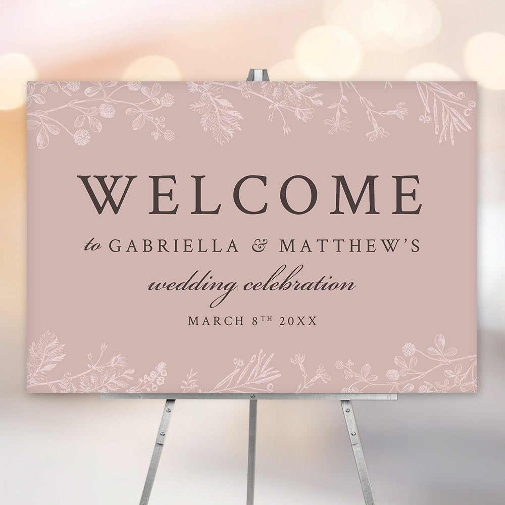Wedding Welcome Sign in Soft Blush Tones with a Floral Border, Garden
