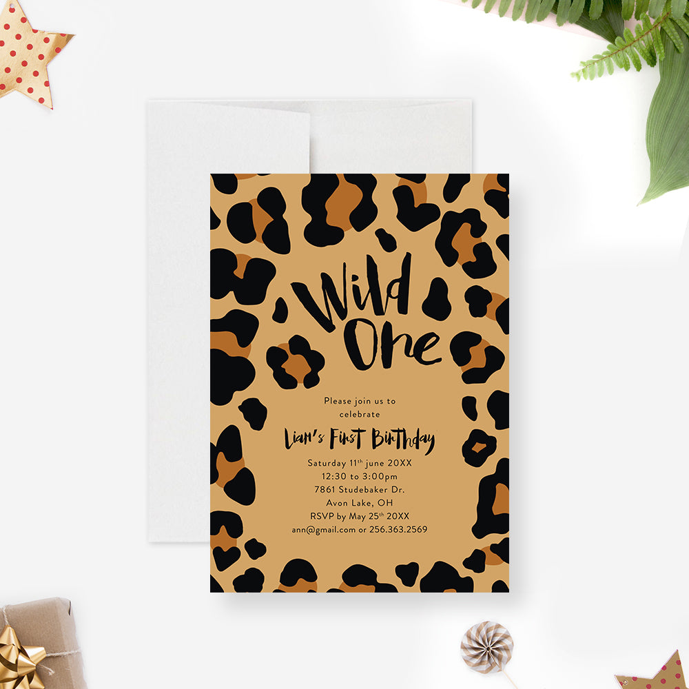 Wild One First Birthday Party Invitation with Animal Leopard Print, In