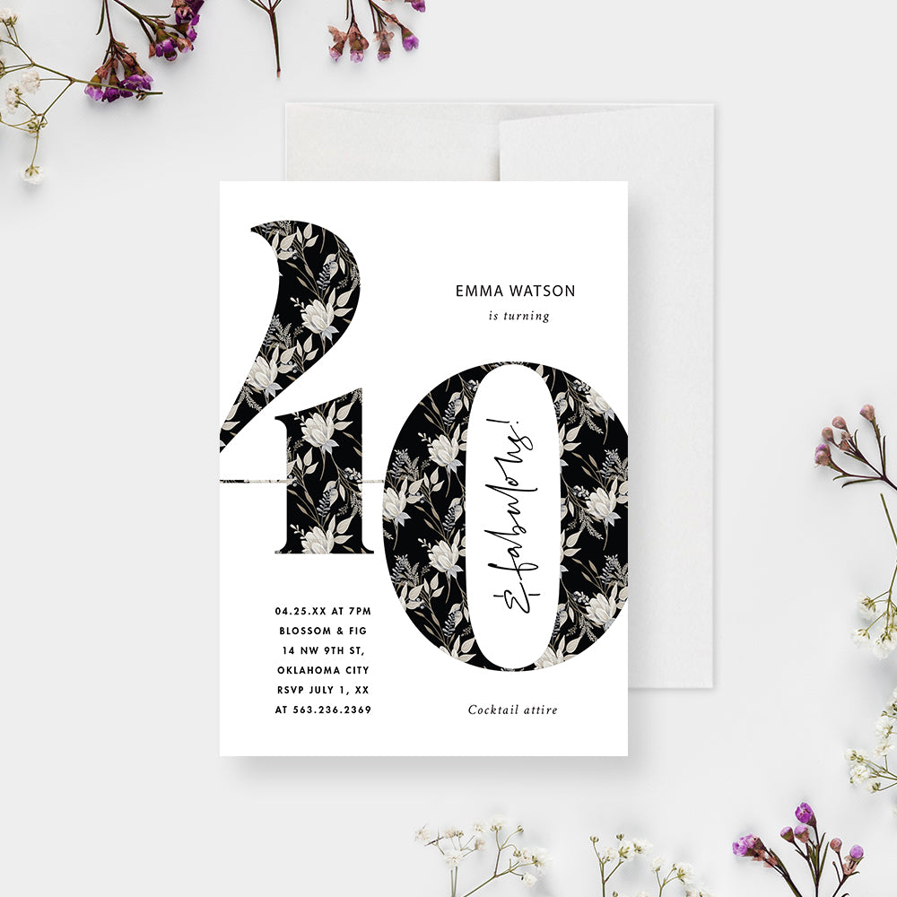 Floral Birthday Party Invitation Card, 40th 50th 60th 70th Birthday In