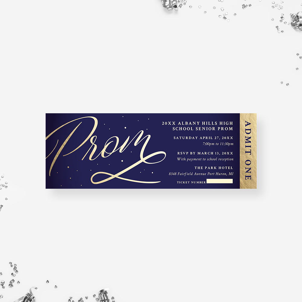 Navy Blue and Gold Prom Ticket Invitation, Elegant Senior Prom Ticket