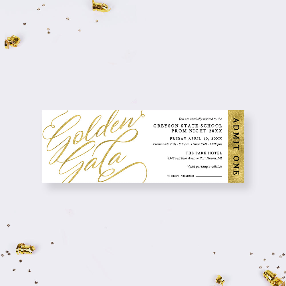 Golden Gala Prom Ticket Template, Elegant Ticket in White and Gold, Ev