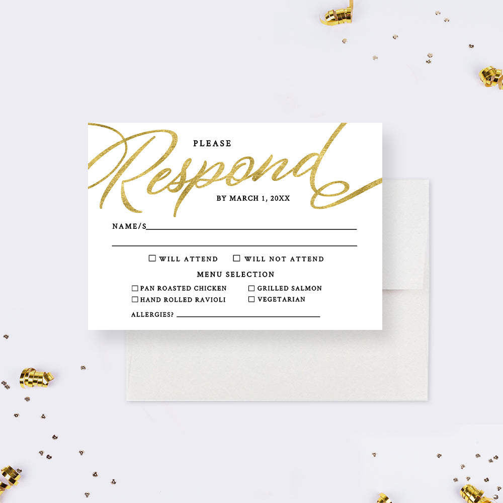 Golden RSVP Card Template, Elegant Gala Rsvp Card with Menu Selection,