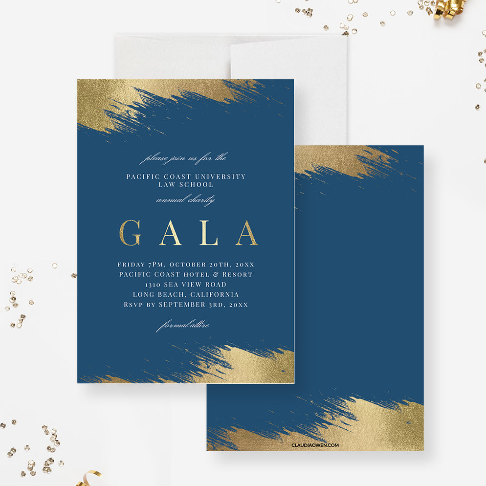 Elegant Gala Invitation Set in Blue and Gold, Business Sponsorship For