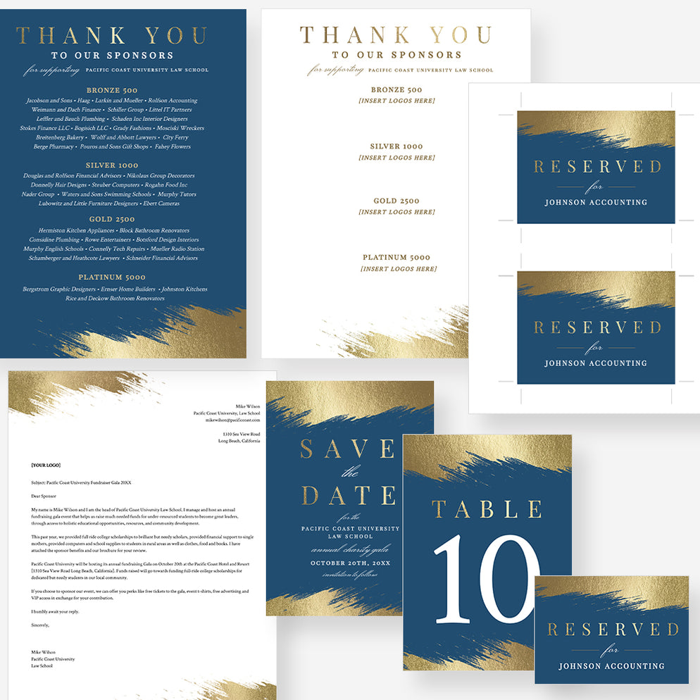 Elegant Gala Invitation Set in Blue and Gold, Business Sponsorship For