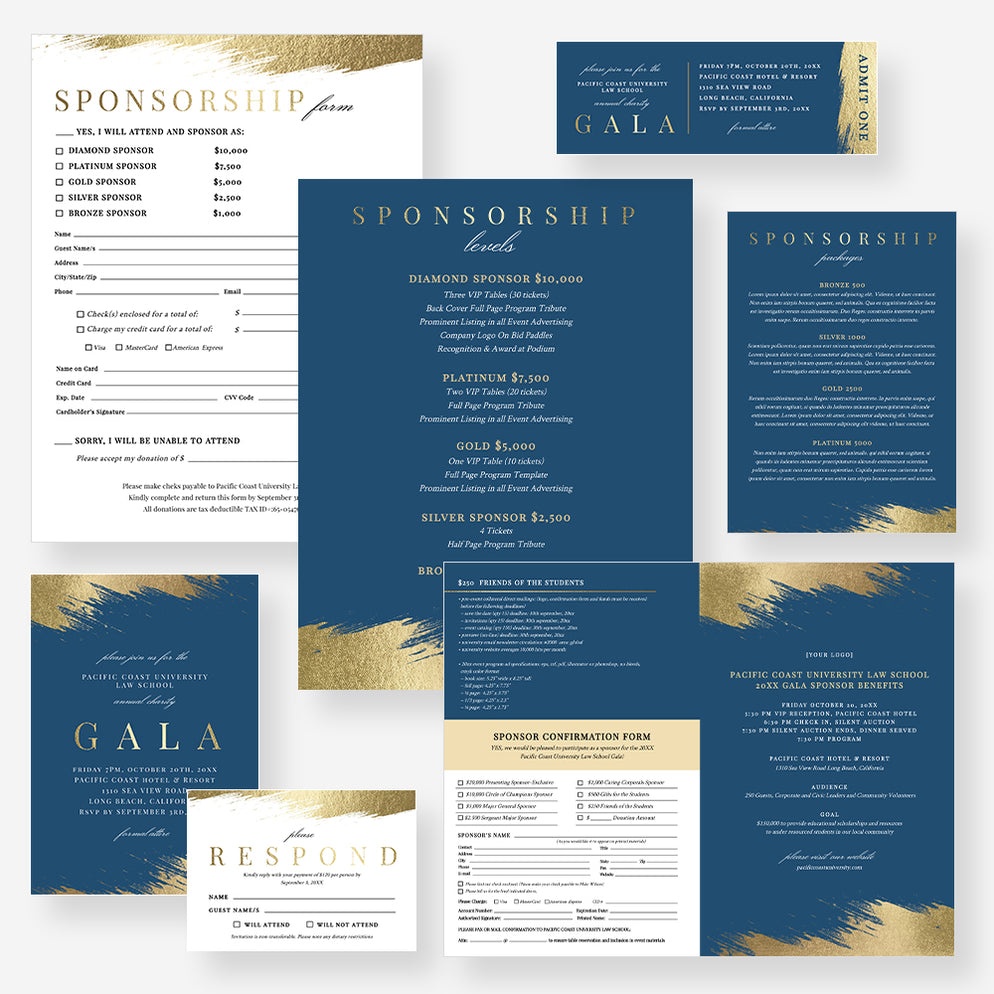 Elegant Gala Invitation Set in Blue and Gold, Business Sponsorship For ...
