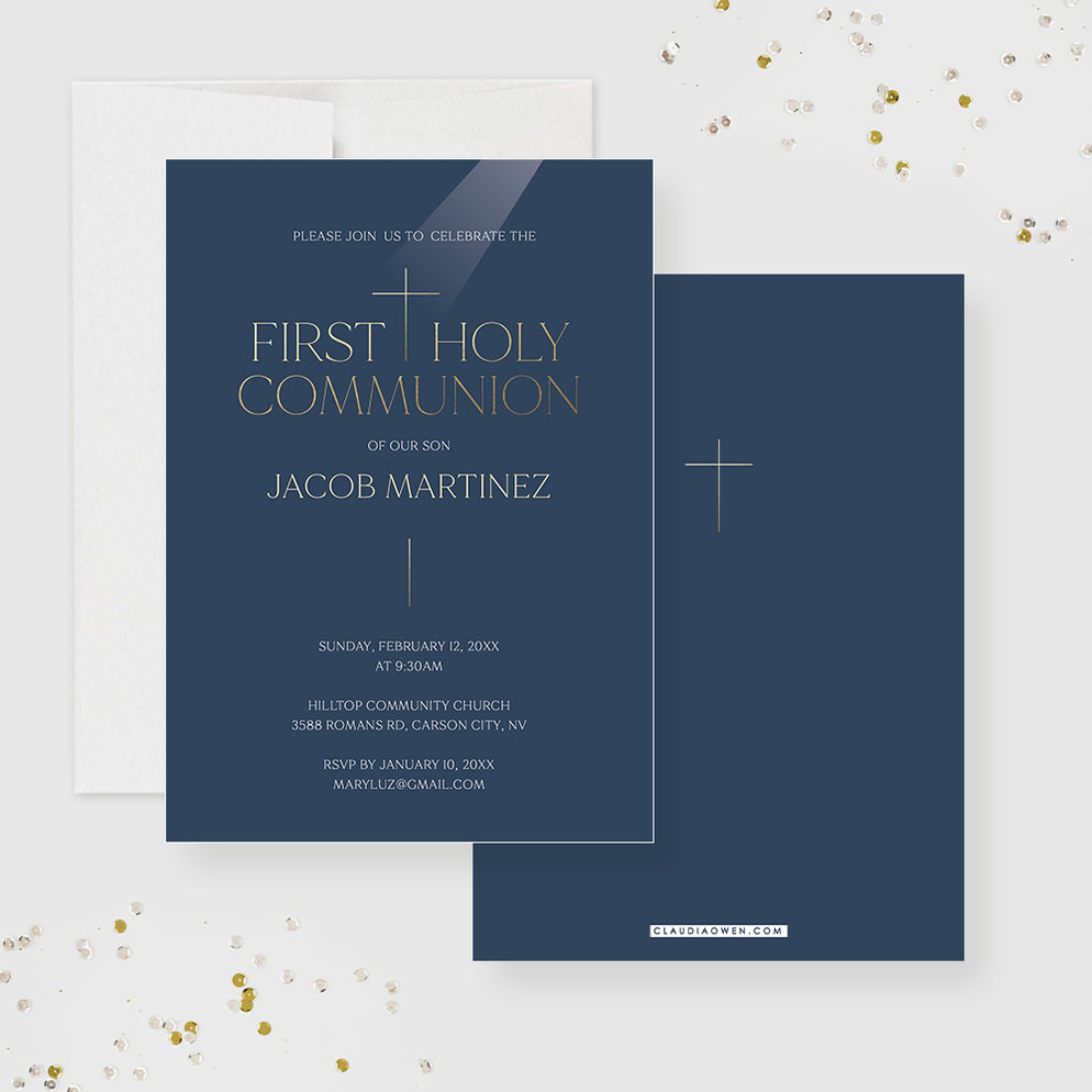 Contemporary Communion Invitations with Gold Cross, Elegant First Holy