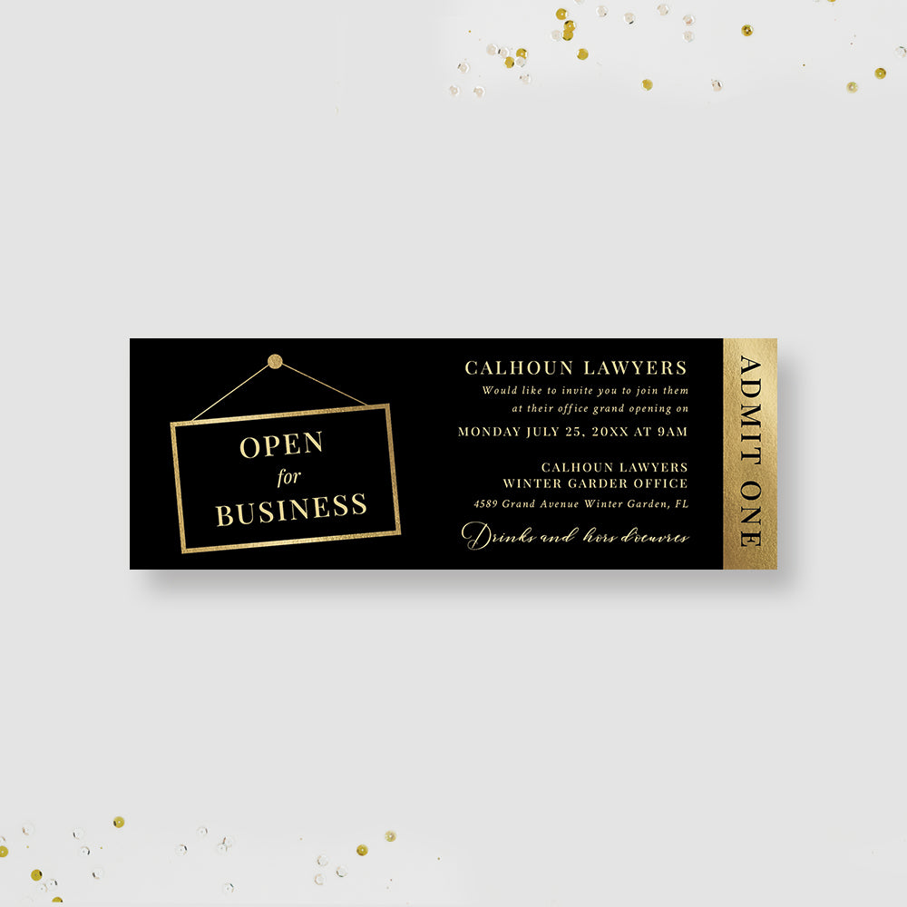 Open for Business Ticket Invitation Card for Office Grand Opening Day,