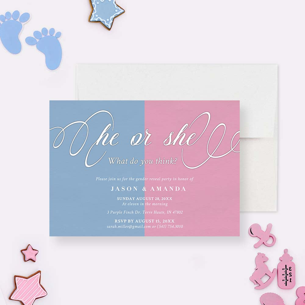He or She Gender Reveal Party Invitation Template, Blue and Pink Print
