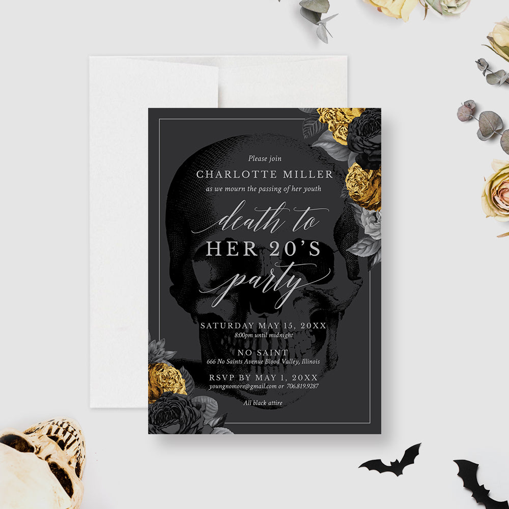 RIP 20s Funeral Birthday Invitation wtih Gold Flowers, RIP 30s 40s 50s
