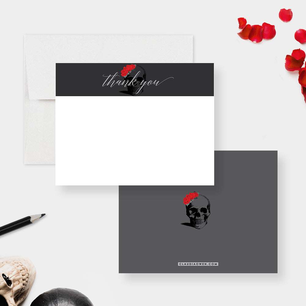 Gothic Thank You Card with Red Roses and Skull, Halloween Thank Yous