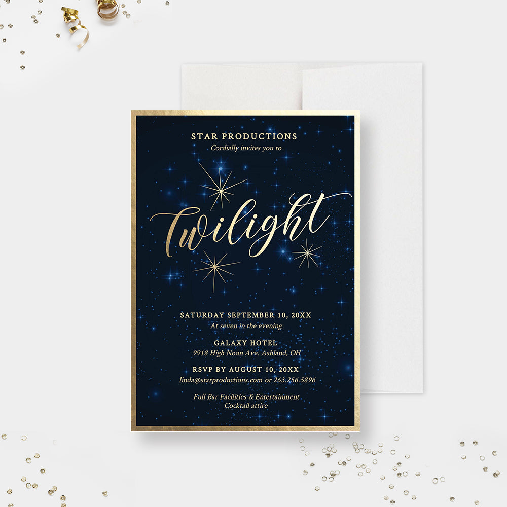Twilight Invitation Template with Gold Stars, Starry Night Sky Digital