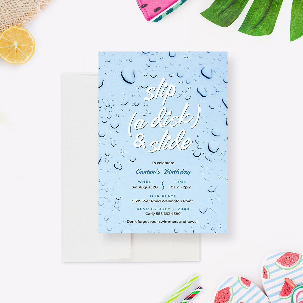 Slip a Disk and Slide Adult Pool Birthday Party Invitation Editable Te