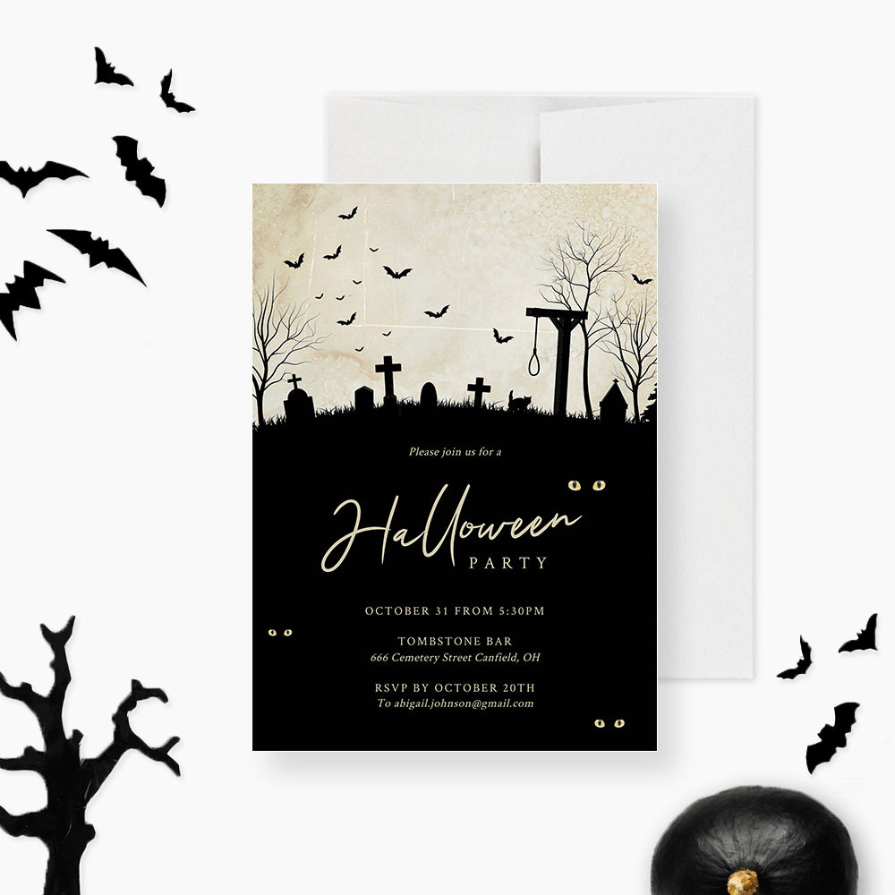 Halloween Cemetery Party Invitation Template, Halloween Spooky Graveya