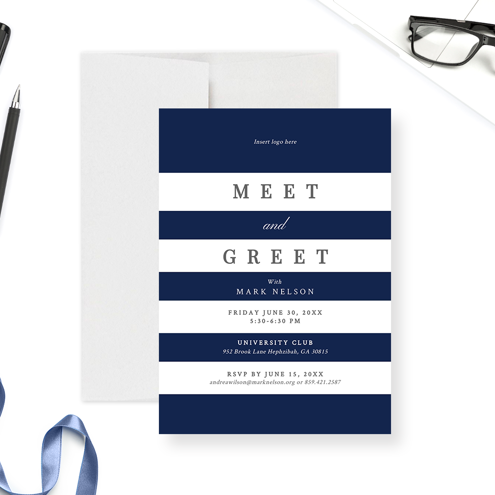 Meet and Greet Invitation Editable Template, Blue and White Stripes Po