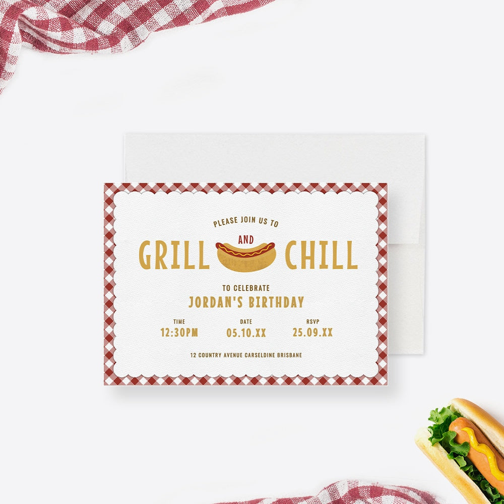 Grill and Chill Invitation Template, Mens Birthday Hotdog Party Digita